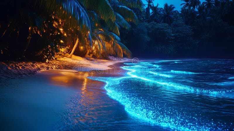A Hidden Tropical Beach with Luminous Waves Glowing at Night Digital ...