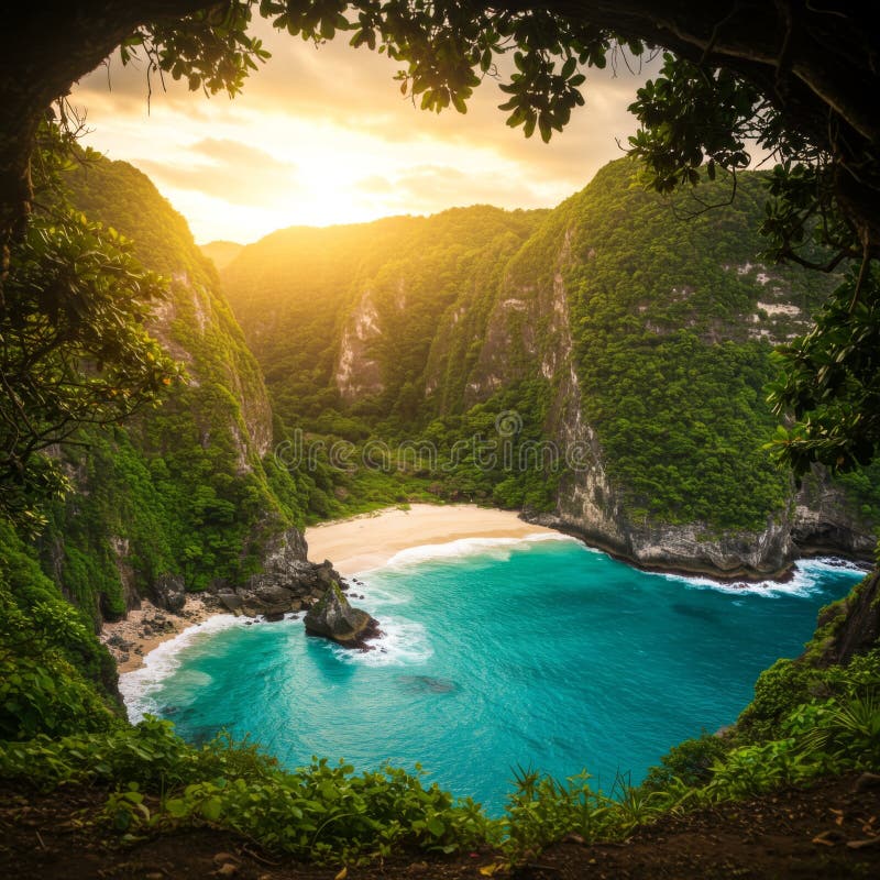 Hidden Tropical Beach Sunset View Stock Illustration - Illustration of ...