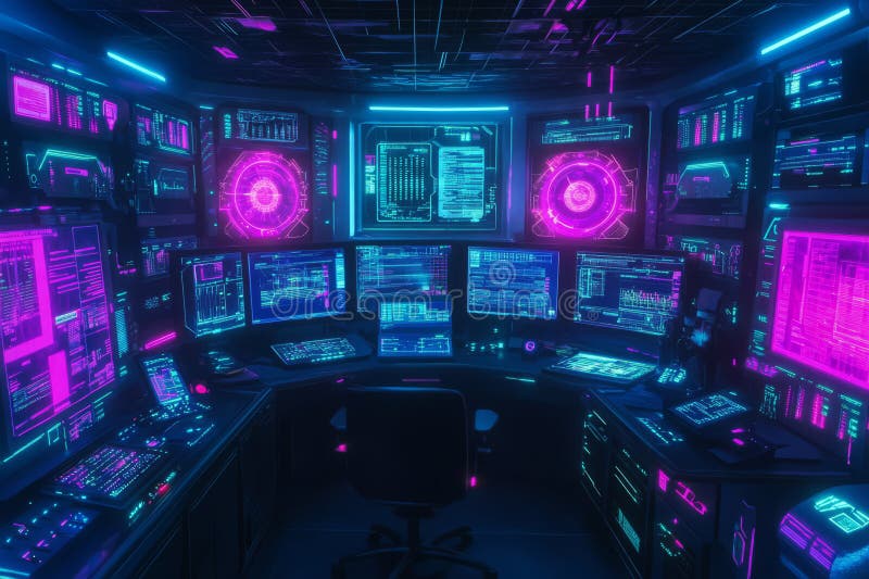 A Hidden Underground Cyber Lab 3D Background Room with Rows of Powerful ...