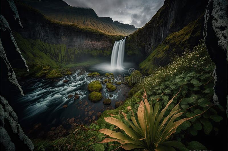 Hidden Waterfall with Bright Water with Many Green Plants. Generative ...