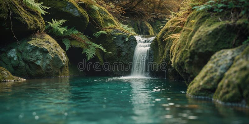 Hidden Waterfall Cascade into Teal Pool Surrounded by Lush Green Rocks ...