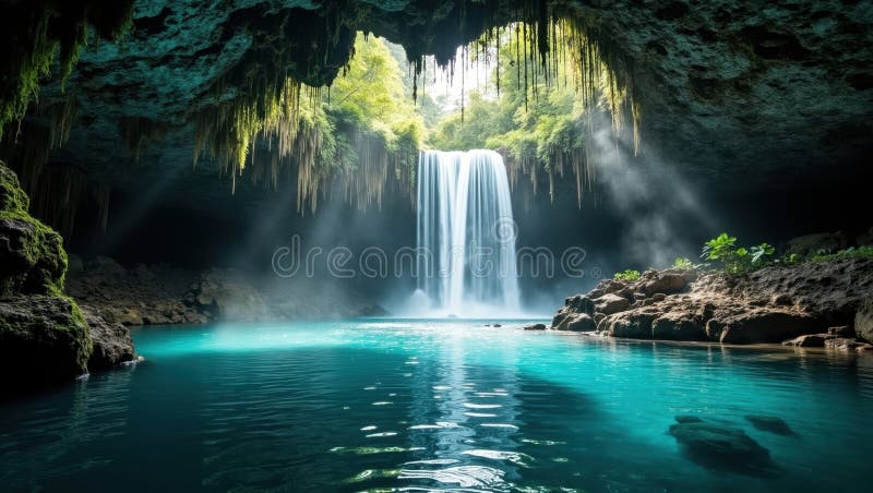 Hidden Waterfall Deep Inside a Lush Jungle Cave Stock Image - Image of ...