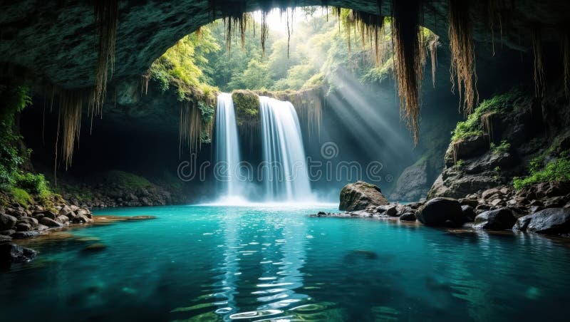 Hidden Waterfall Deep Inside a Lush Jungle Cave Stock Image - Image of ...