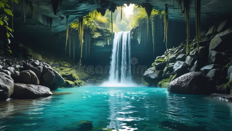 Hidden Waterfall Deep Inside a Lush Jungle Cave Stock Photo - Image of ...