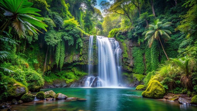 A Hidden Waterfall Deep in a Tropical Rainforest, Surrounded by Vibrant ...