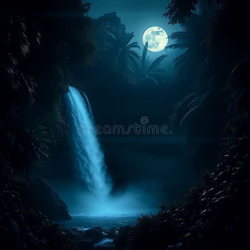 A Hidden Waterfall Softly Lit by the Moon, Surrounded by Shadowed ...