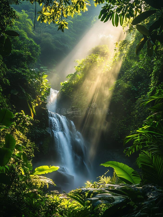 Hidden Waterfall Surrounded by Lush Jungle with Sunlight Filtering ...
