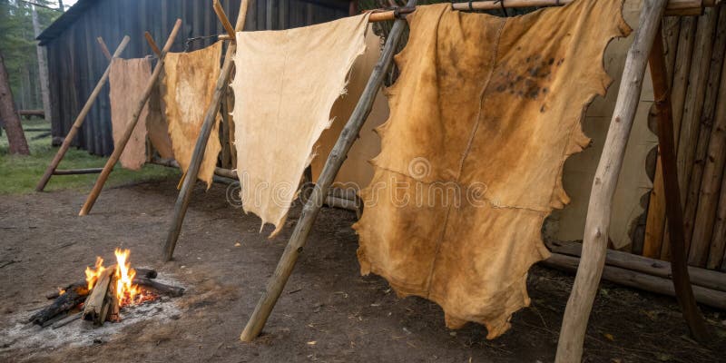 Drying Animal Hides Near a Campfire in a Natural Setting Surrounded by ...