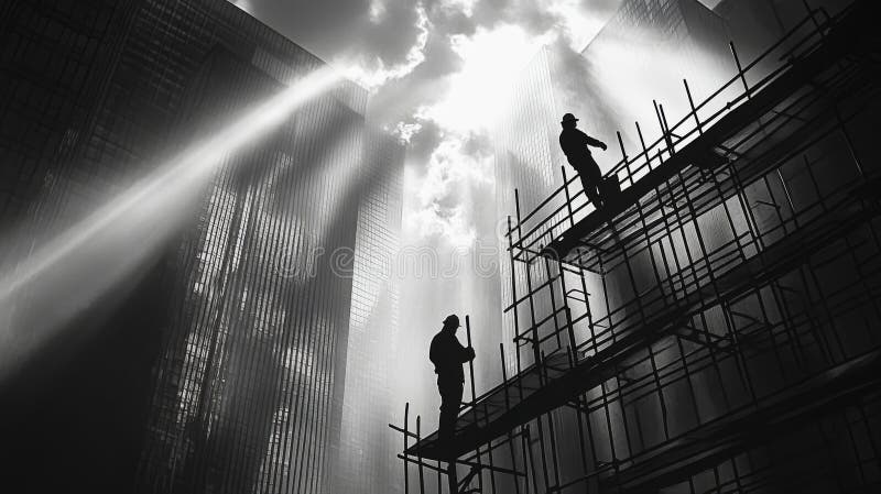 High Above the City, Workers are Engaged in Constructing a Skyscraper ...