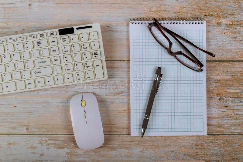 High Above View of Office Workplace with Computer Keyboard Close Up and ...