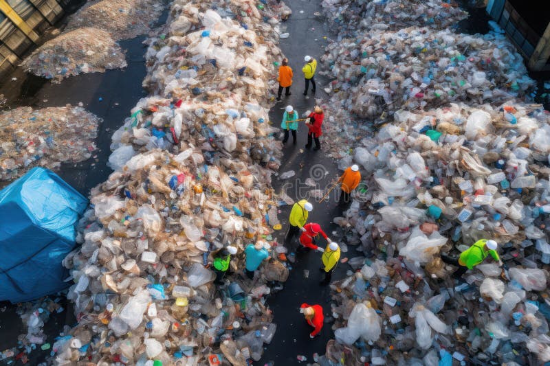 High Above, Witness a Bustling Plastic Recycling Plant, Workers Sort ...