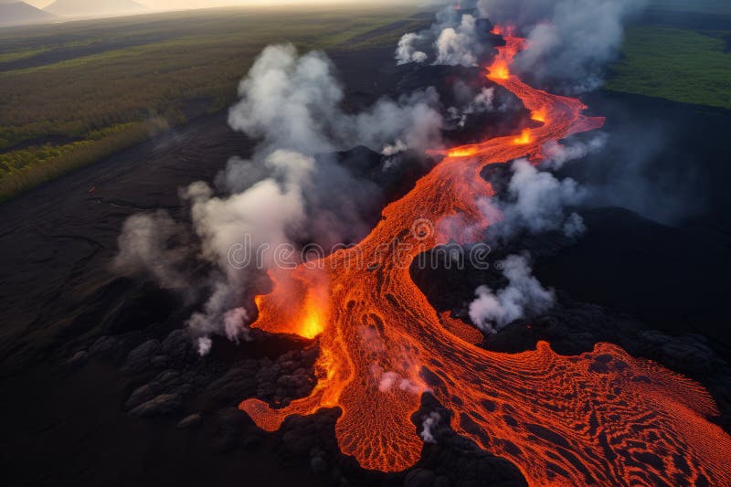 High Aerial View of Red Hot Lava Flowing from a Volcano Stock Image ...