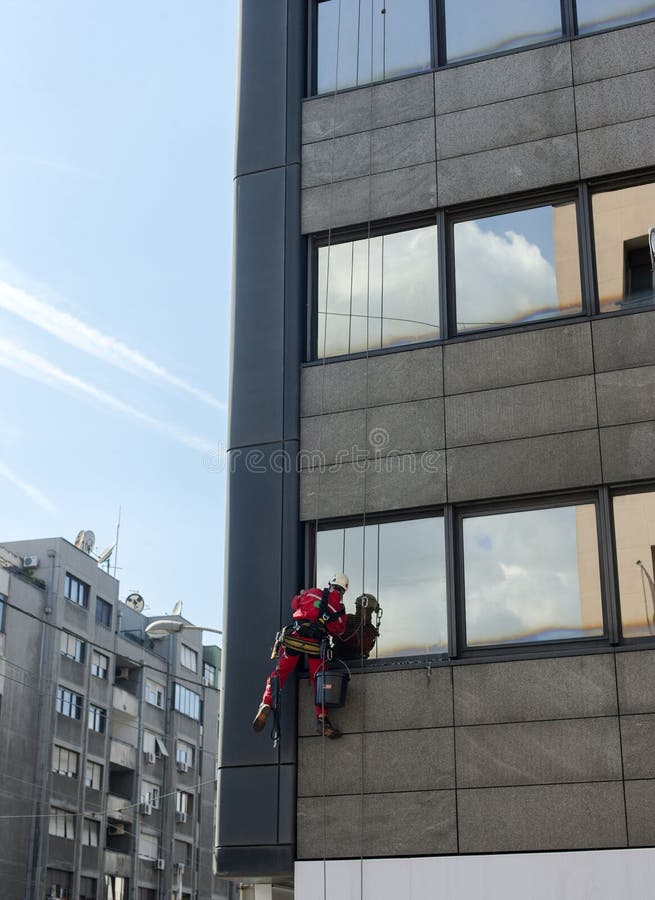 High Altitude Alpinist Window Washer Editorial Stock Photo - Image of ...