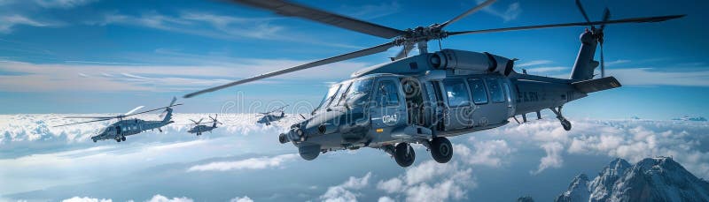 High-altitude Combat Helicopter Training Maneuvers in the Sky. Stock ...