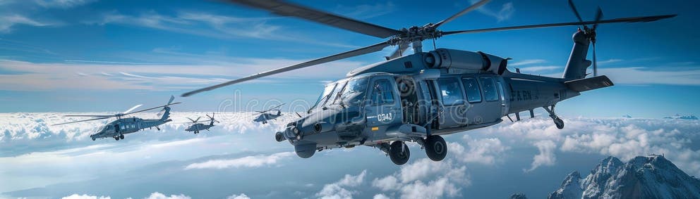 High-altitude Combat Helicopter Training Maneuvers in the Sky. Stock ...
