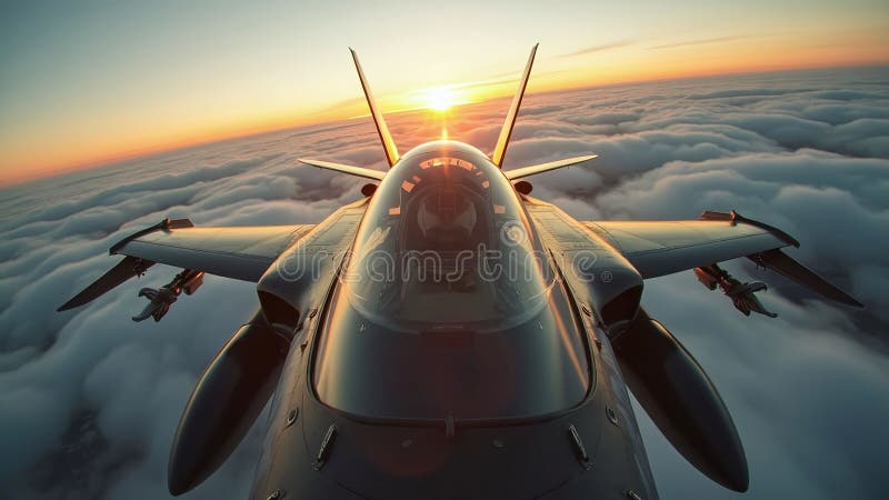 High-Altitude Fighter Jet Soaring Above the Clouds at Sunset, Capturing ...