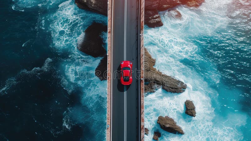 High-Altitude Perspective of a Sports Car on a Coastal Bridge. Stock ...