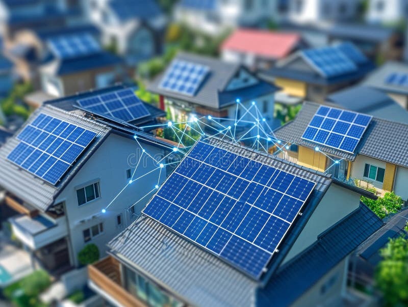 A High-altitude View of a Community with Solar-powered Roofs Connected ...