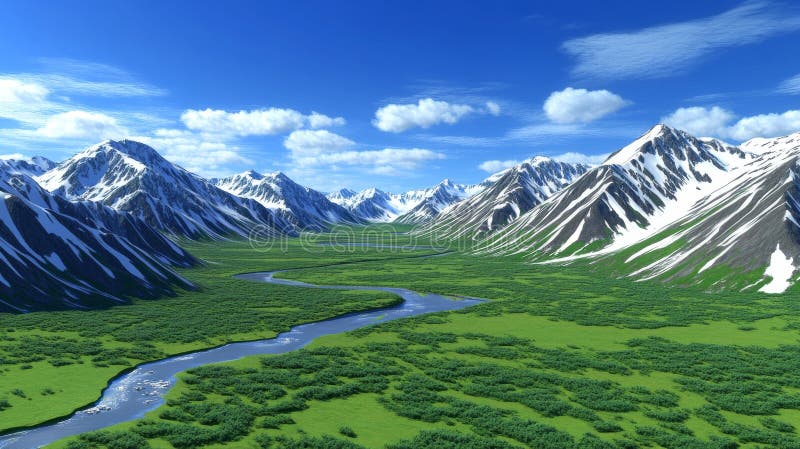 A High-altitude View of a Curving River Valley in Mountainous Terrain ...