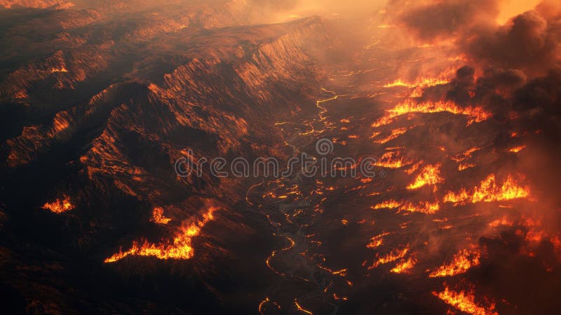 High-altitude View of Forest Fires Over Valleys and Rivers, Realistic ...