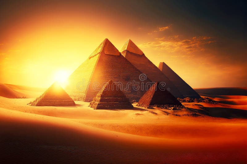 High Ancient Egyptian Pyramids in Rays of Setting Sun Stock ...