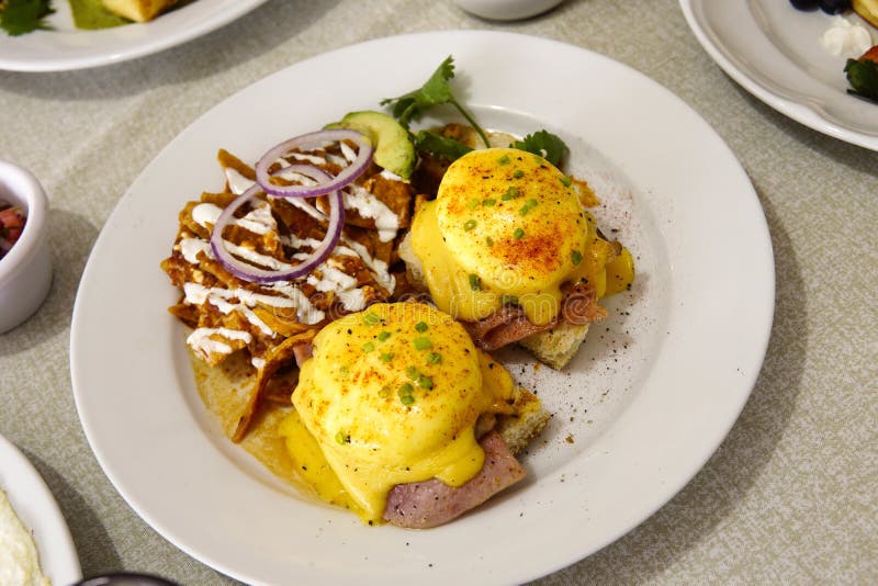 High Angel Shot of Breakfast with Benedict Eggs, Salad and a Cup of ...