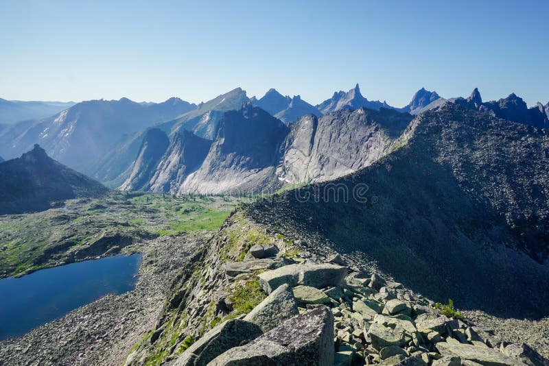 High Angel View on a Mountain Range in Ergaki Natural Park Stock Photo ...