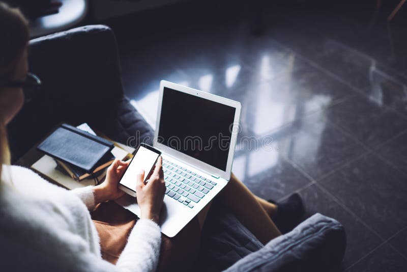 Faceless Lady Working on Smartphone and Laptop in Library Stock Photo ...