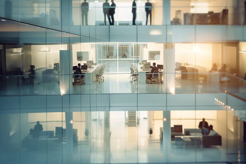 High Angle Blurred Office Workers in Modern Offices Talking and Sitting ...