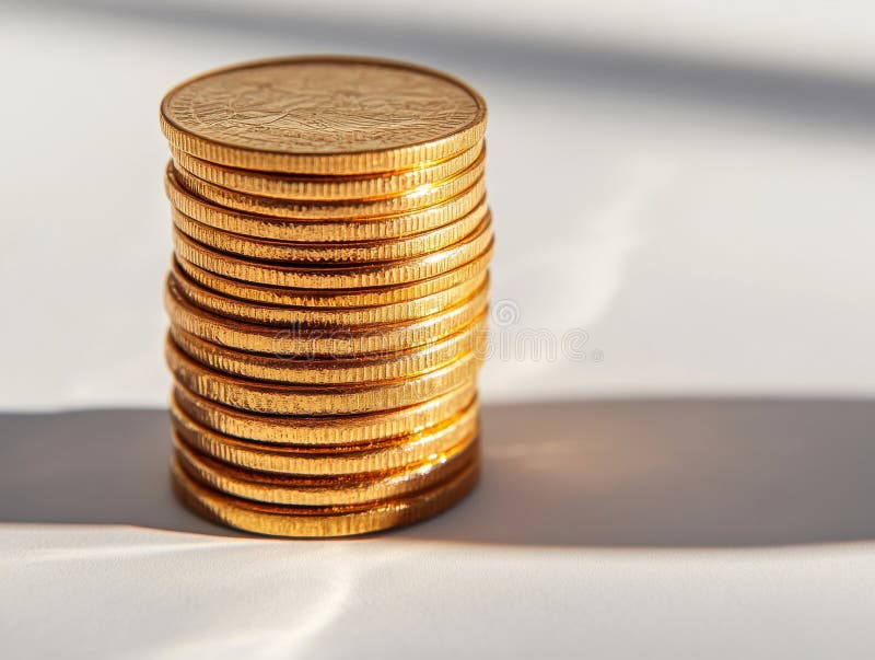 High Angle Close Up of a Stack of Gold Coins on White Background with ...