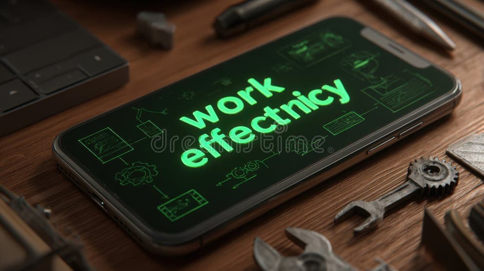 Smartphone Displaying Work Efficiency on Wooden Desk with Tools Stock ...