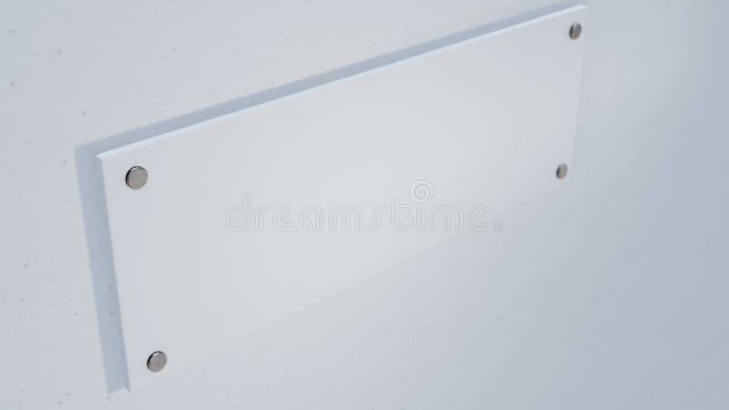 High Angle Close-up View of Blank Nameplate Mounted on Clean White Wall ...