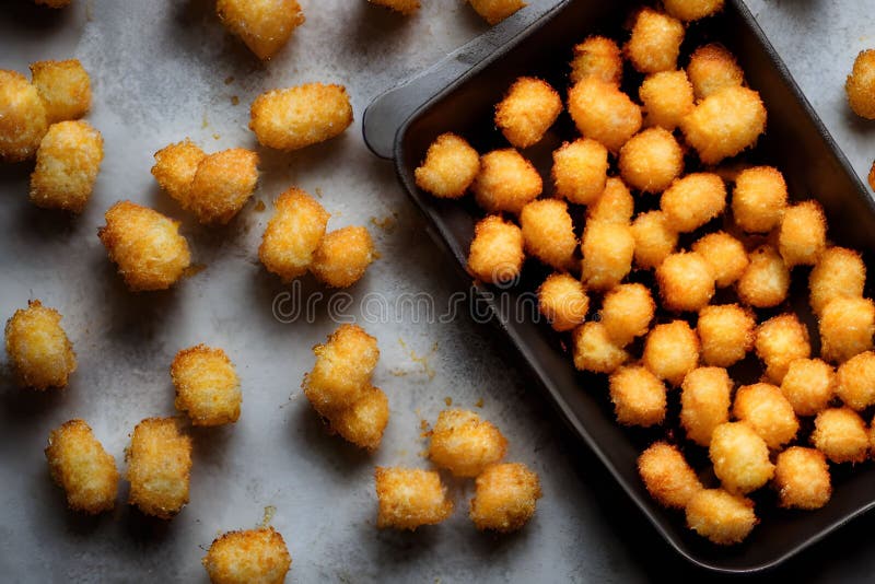 High-angle Close-up View of Fried Tater Tots on a Pan Over the Gray ...