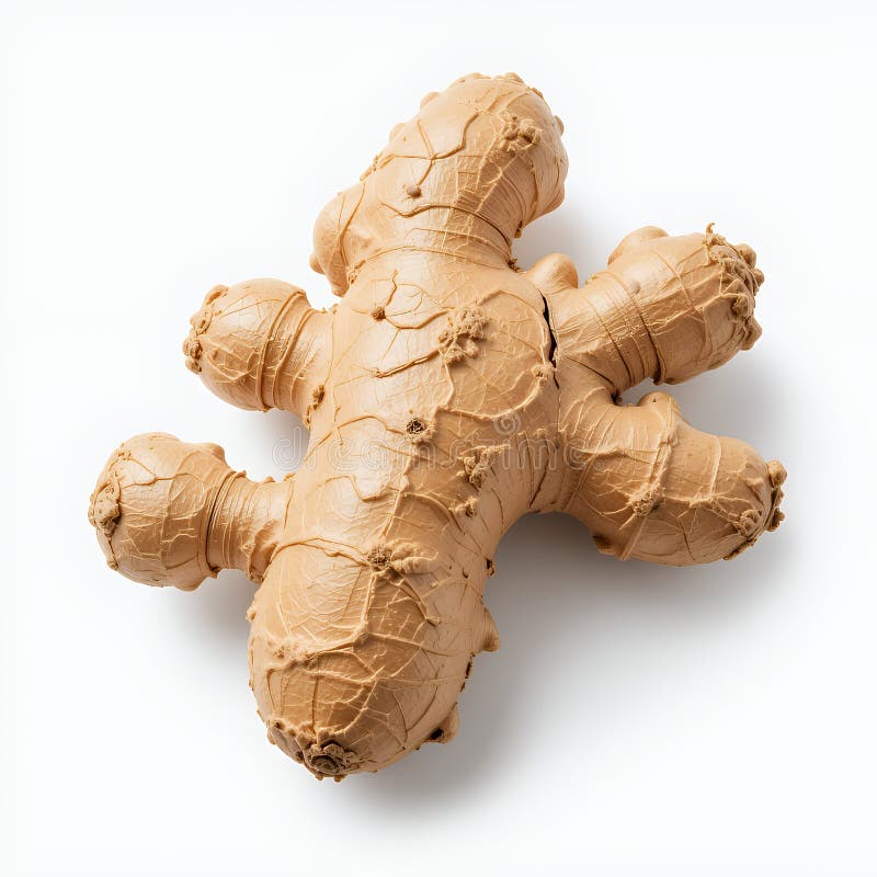 Light Brown Knobby Ginger Root on White Background High Angle Close Up ...