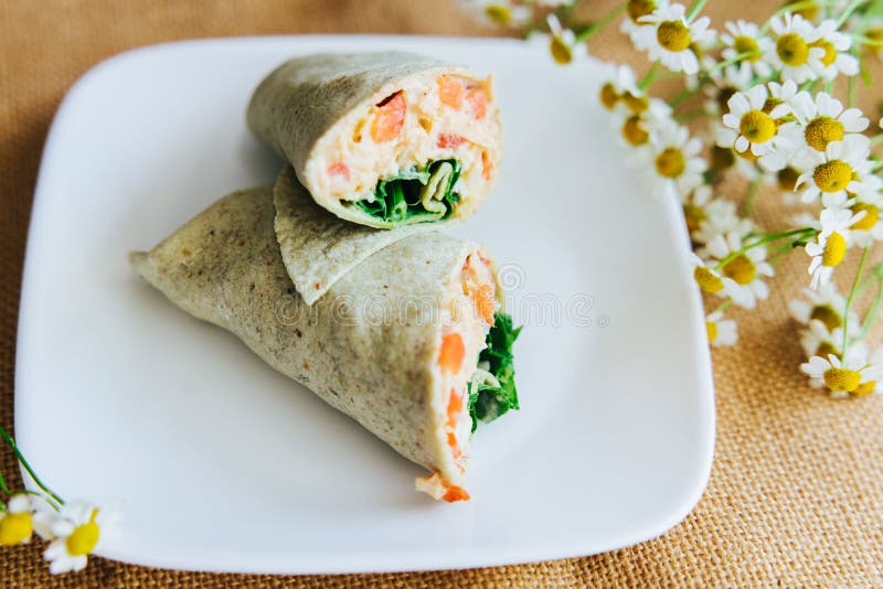 High Angle Closeup of a Salmon Wrap Sliced in Half Stock Photo - Image ...