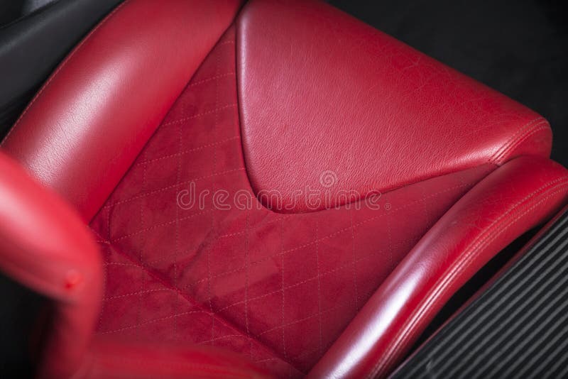 High Angle Closeup Shot of the Red Leather Seat of a Modern Car Stock ...