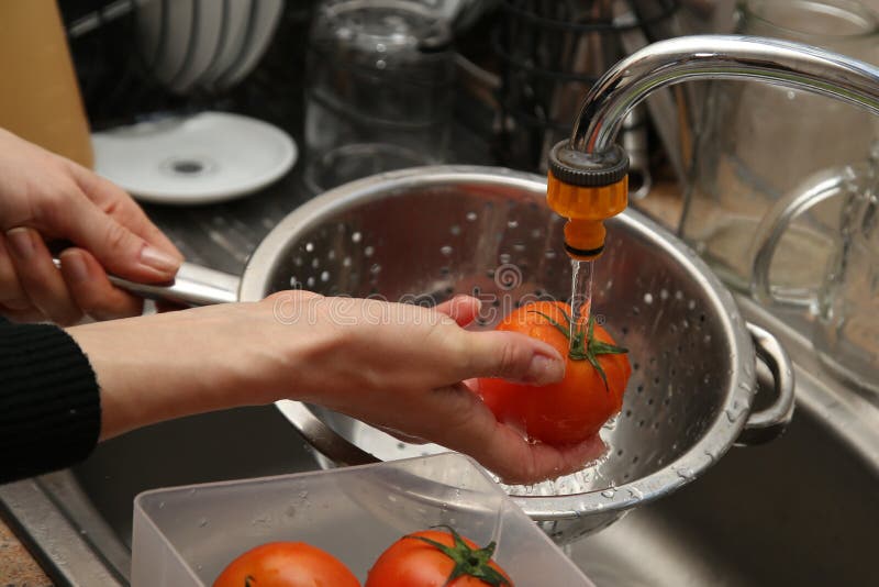 High Angle Closeup Shot of a Woman Washing a Tomato in the Kitchen ...