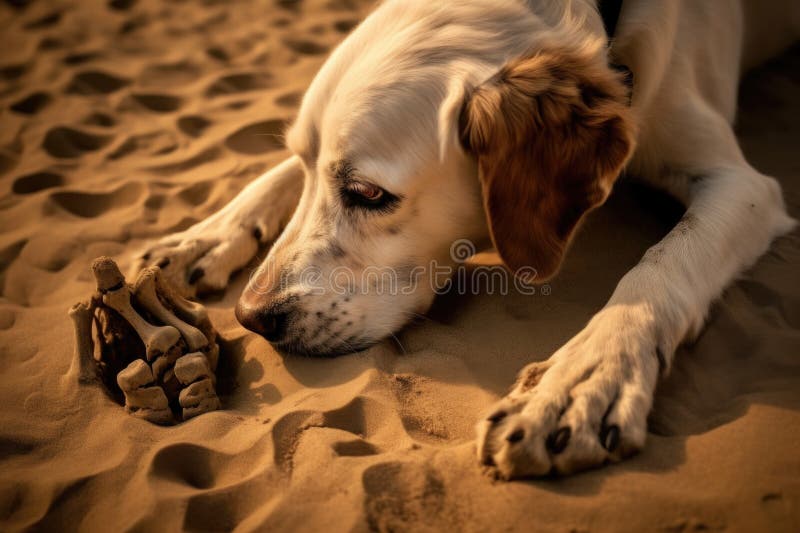High Angle of Dog Burying Bone in Sand Stock Image - Image of bone ...