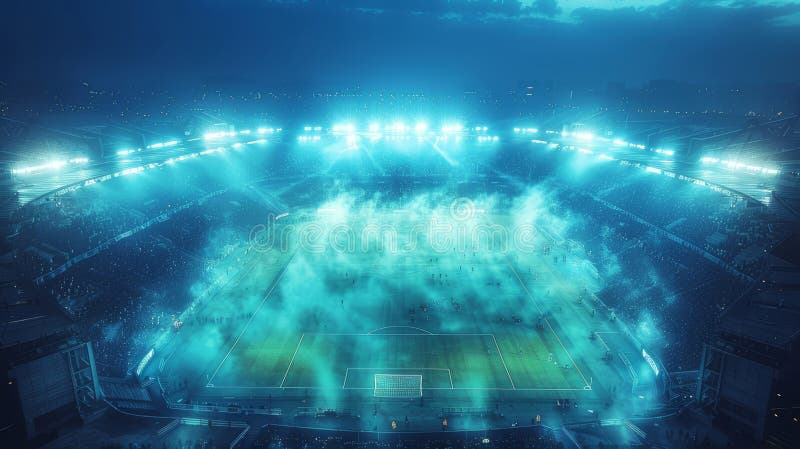 High Angle Establishing Shot of a Stadium with Soccer Match at Night ...