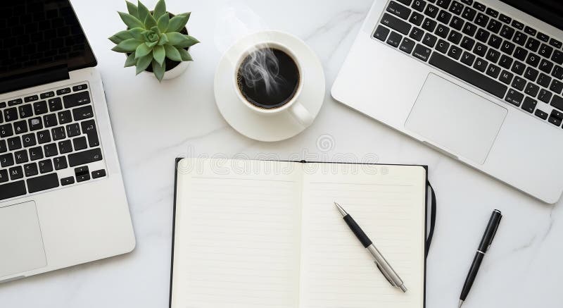 Flat Lay of Workspace with Laptops, Notebook, Coffee, and Succulent ...