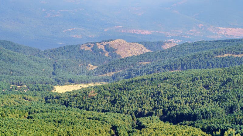 High-angle of Forest among Sunlit Mountains, Misty Sky in the ...