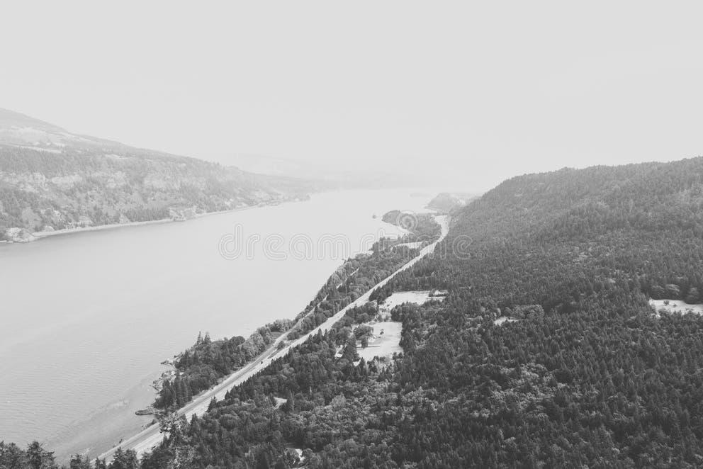 High Angle Greyscale of a River Surrounded by Hills Covered in Forests ...
