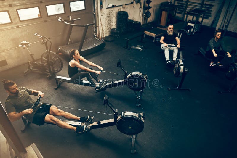 Fit People Using Rowing Machines during an Exercise Class Stock Image ...
