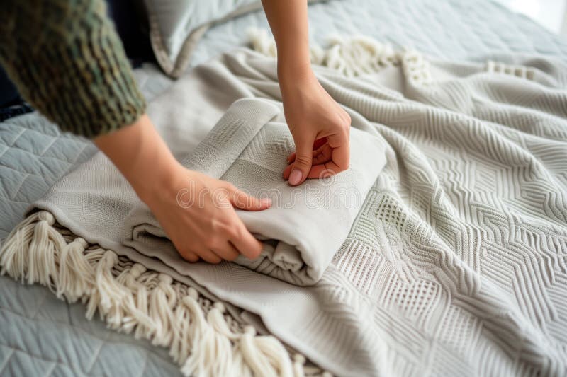 High Angle of Hands Placing a Folded Throw Blanket at Beds Foot Stock ...