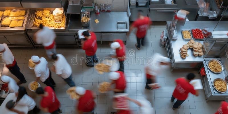 Busy Fast Food Kitchen Team Preparing Meals at Peak Time Stock ...