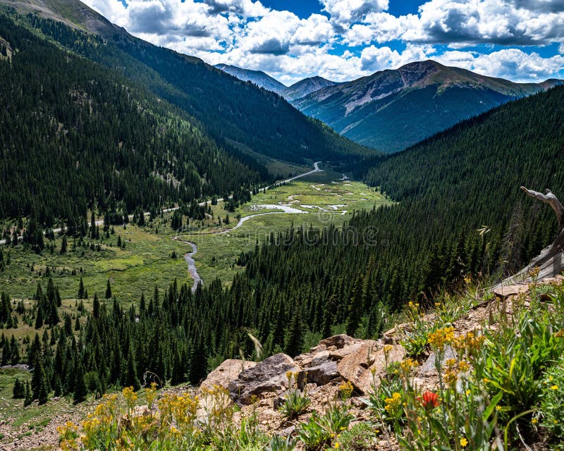 High-angle of an Independence Mountain Pass with Forested Mountains ...