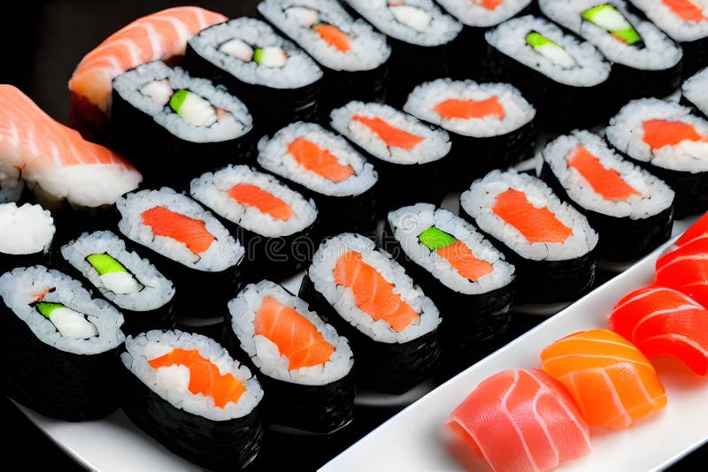 High-angle Macro View of Different Sushi Rolls with Rice Stock Image ...