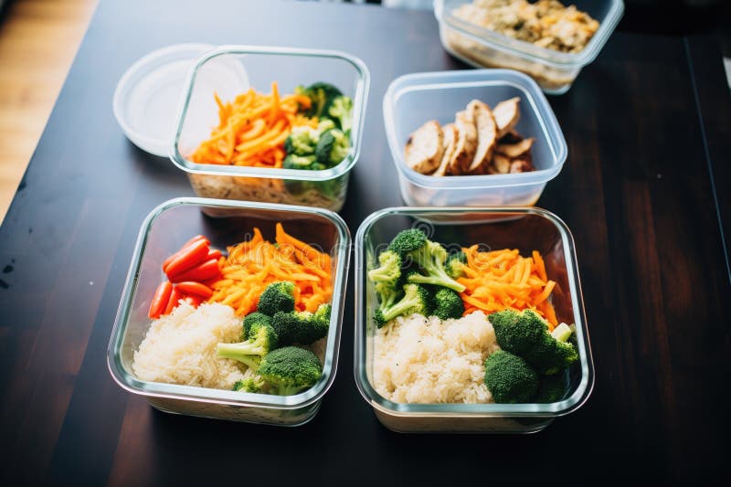 High Angle of a Meal Prep Containers Filled with Rice and Veggies Stock ...