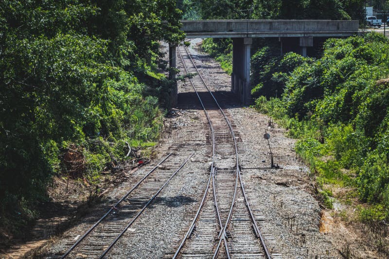 High-angle of Multiple Empty Railroad Tracks and a Bridge Trees Around ...