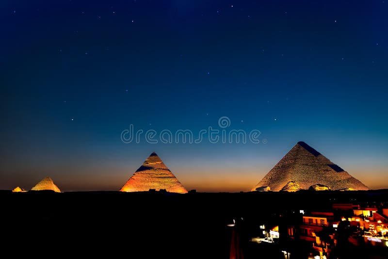High Angle Night View of the Giza Pyramids Stock Image - Image of ...